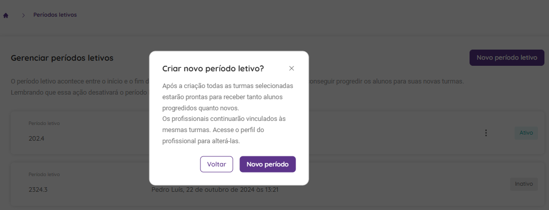 Etapa 1. Criar o ano letivo de 2026 e desativar o período letivo de ...